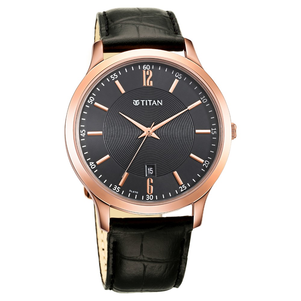 Buy Online Titan Quartz Analog with Date Black Dial Leather Strap Watch ...