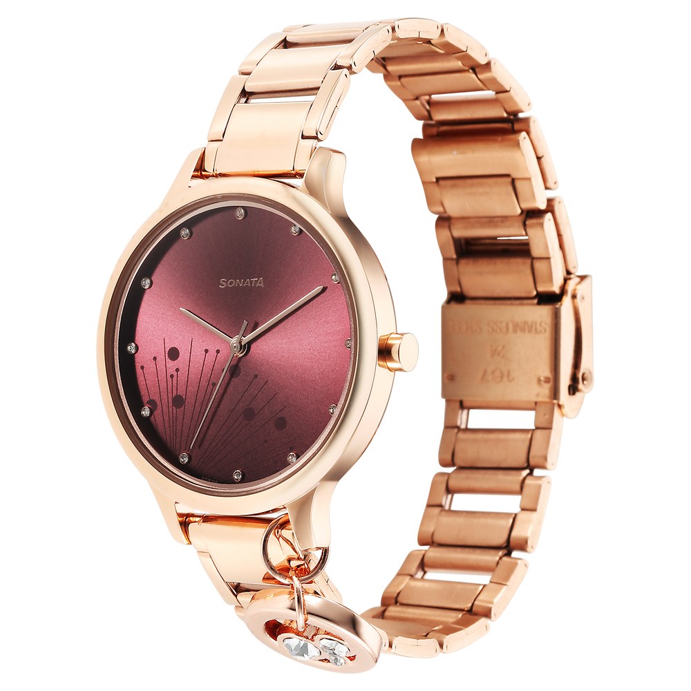 Buy Online Sonata Blush Quartz Analog Maroon dial Stainless Steel Strap ...