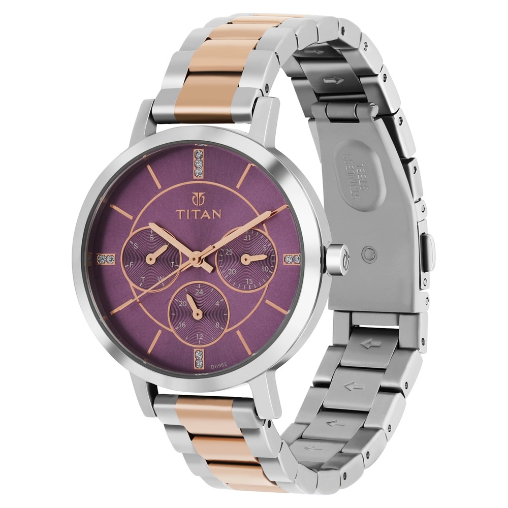 Buy Online Titan Quartz Multifunction Purple Dial Stainless Steel Strap ...