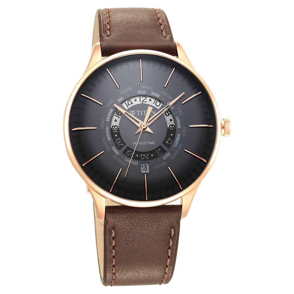 Buy Online Titan Black Dial World Time with Date Stainless Steel Strap ...