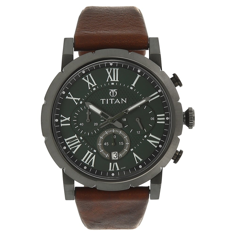 Buy Online Titan Quartz Analog with Date Green Dial Leather Strap Watch ...