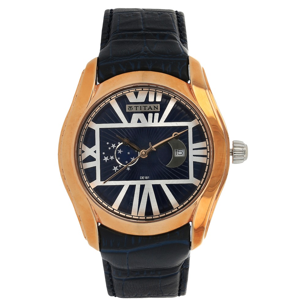Buy Online Titan Quartz Analog Moonphase Blue Dial Leather Strap Watch ...