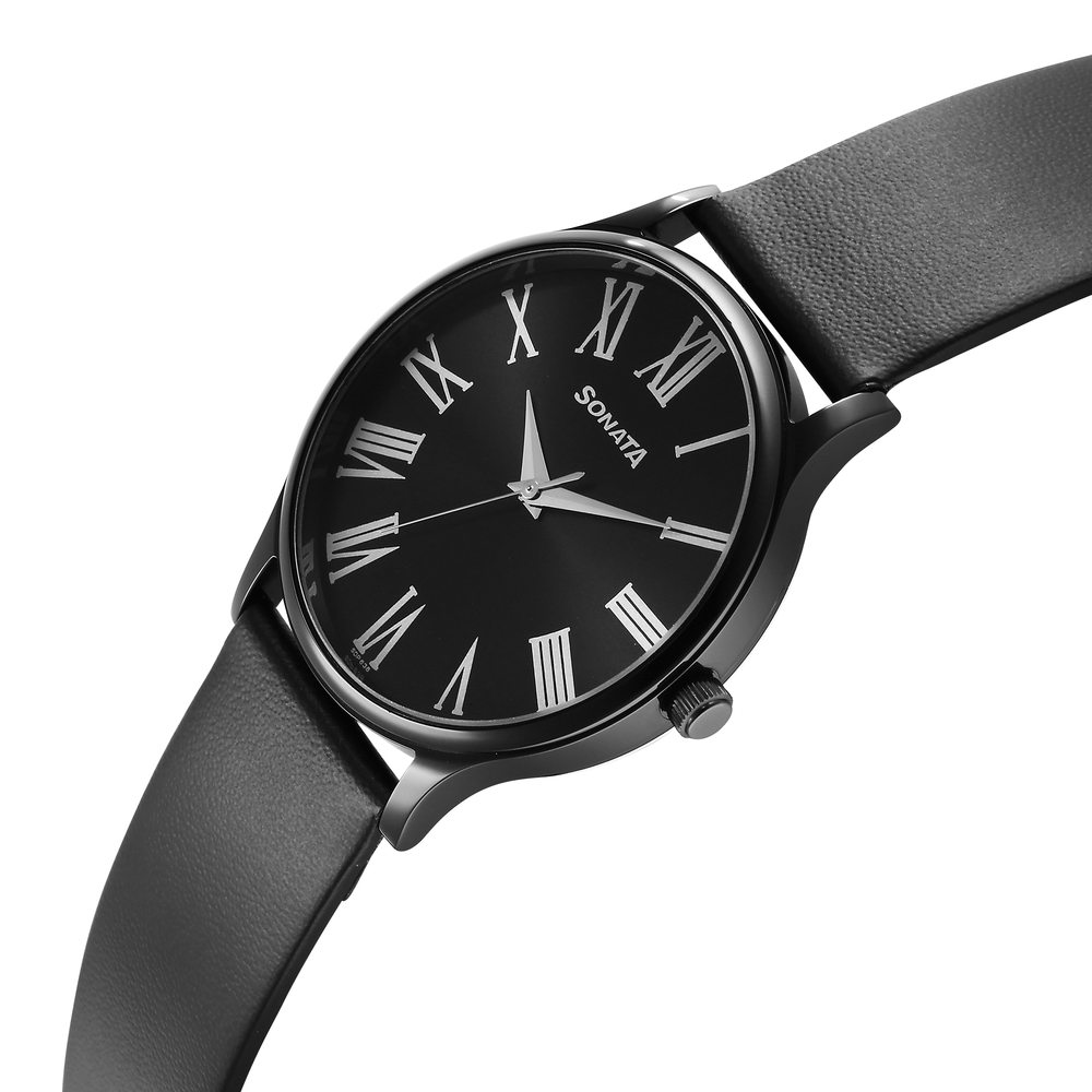 Buy Online Sonata Aspire Quartz Analog Black Dial Leather Strap Watch ...
