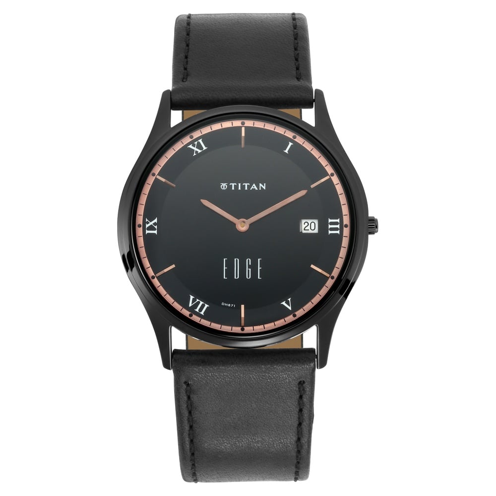 Buy Online Titan Edge Black Dial Analog with Date Leather Strap watch ...