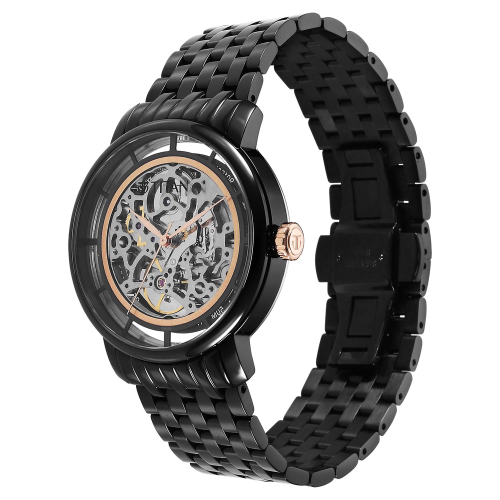 Buy Online Titan Mechanical Slimline Black Dial Black Stainless Steel ...
