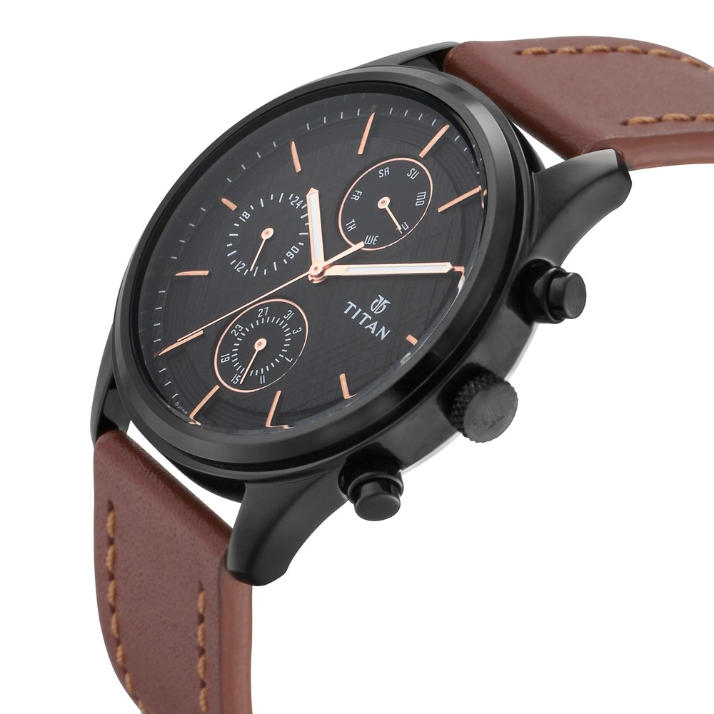 Buy Online Titan Workwear Multifunction Black Dial Brown Leather Strap ...