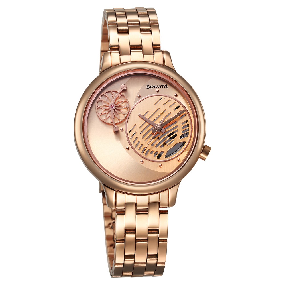 Buy Online Sonata Unveil Quartz Analog Rose Gold Dial Metal Strap Watch ...