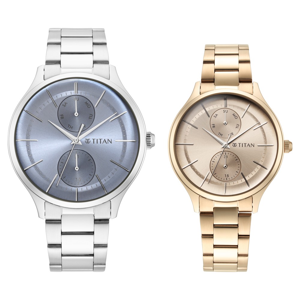 Buy Online Titan Quartz Analog Blue and Champagne Dial Stainless Steel ...