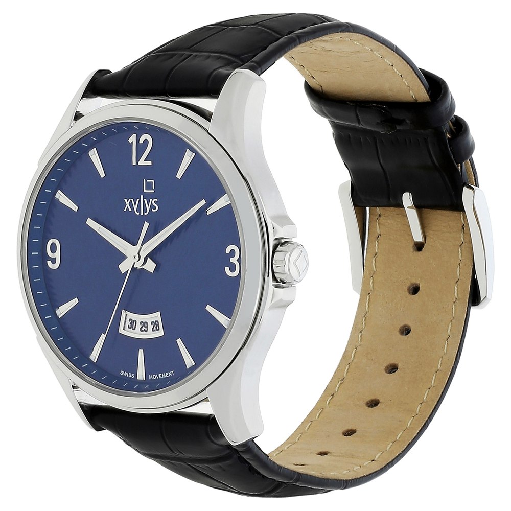 Buy Online Xylys Swiss Analog with Date Black Leather Strap and Blue ...