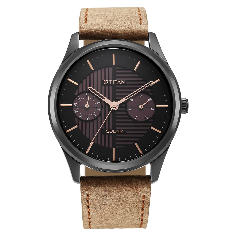 Buy Online Titan Solar Black Dial Quartz Multifunction Leather Strap ...