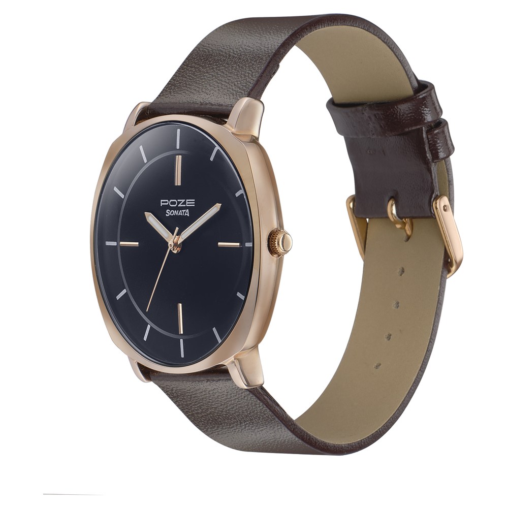 Buy Online Sonata Poze Quartz Analog Black Dial Leather Strap Watch for ...
