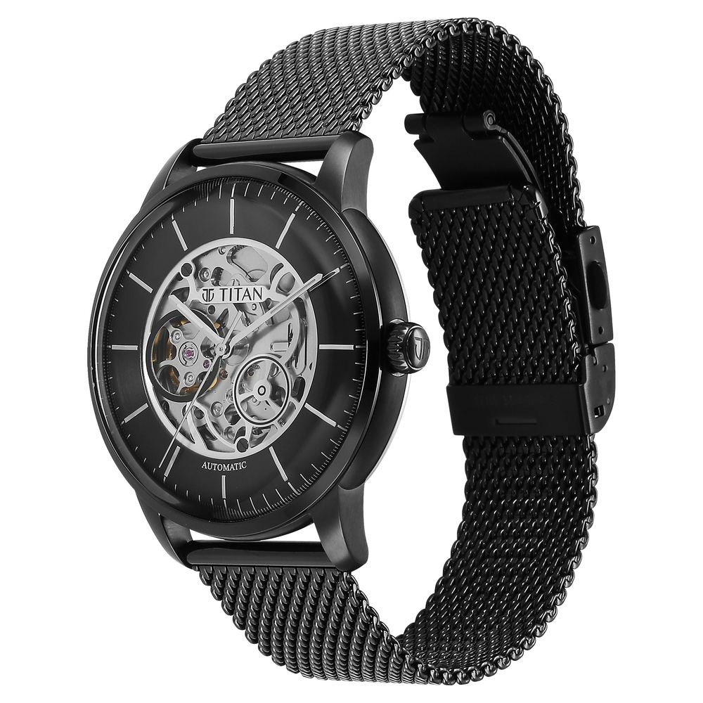 Buy Online Titan Skeletal Automatic Black Dial Black Stainless Steel ...