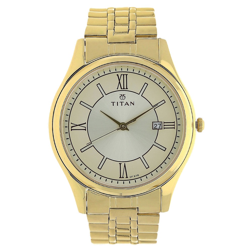 Buy Online Titan Quartz Analog with Date Champagne Dial Stainless Steel ...