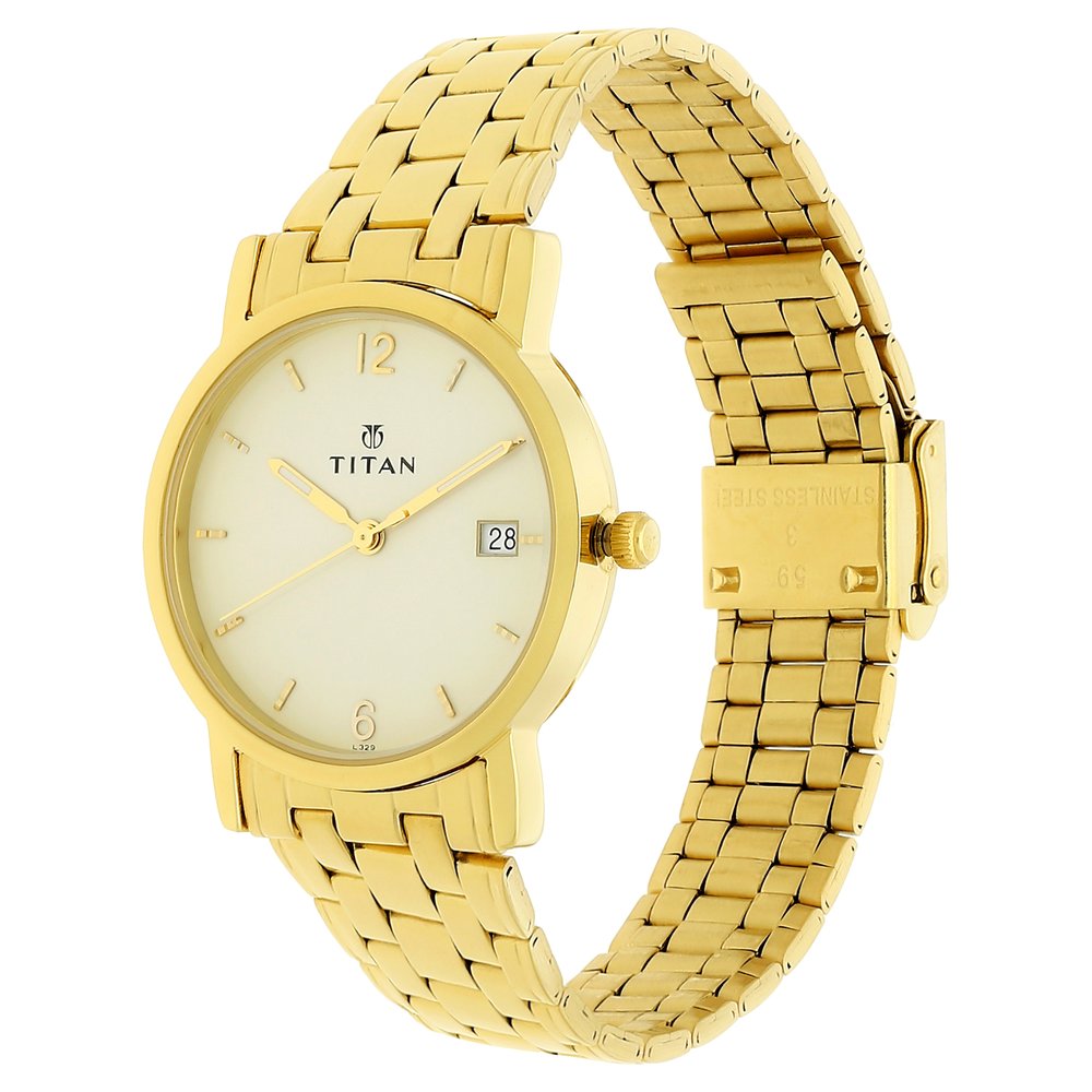 Buy Online Titan Champagne Dial Analog with Date Stainless Steel Strap ...