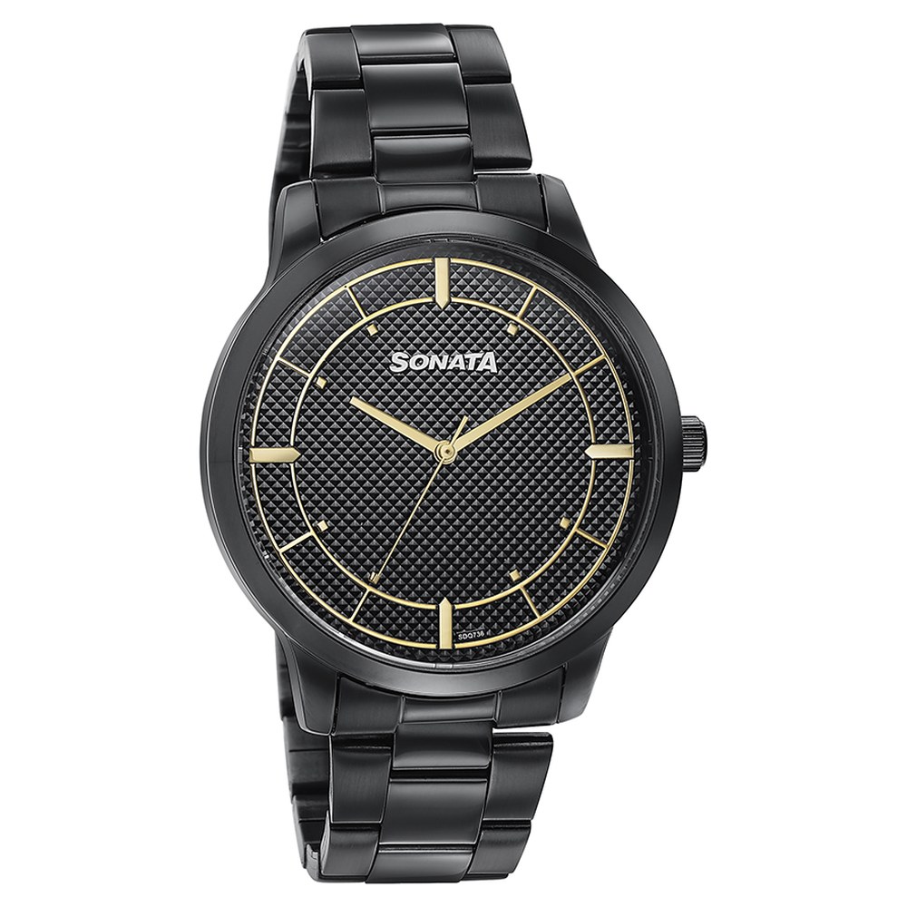 Buy Online Sonata Quartz Analog Black Dial Black Stainless Steel Strap ...