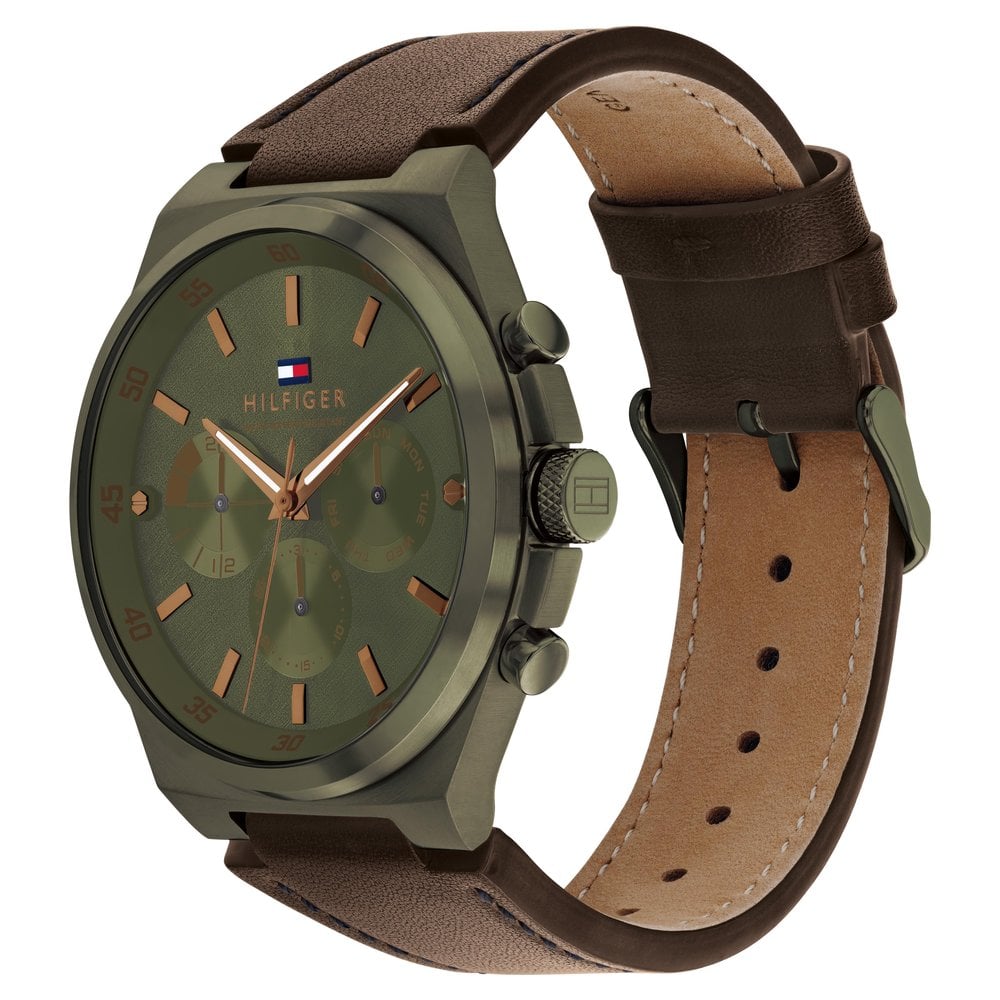 Buy Online Tommy Hilfiger Multifunction Green Round Dial Brown Leather ...