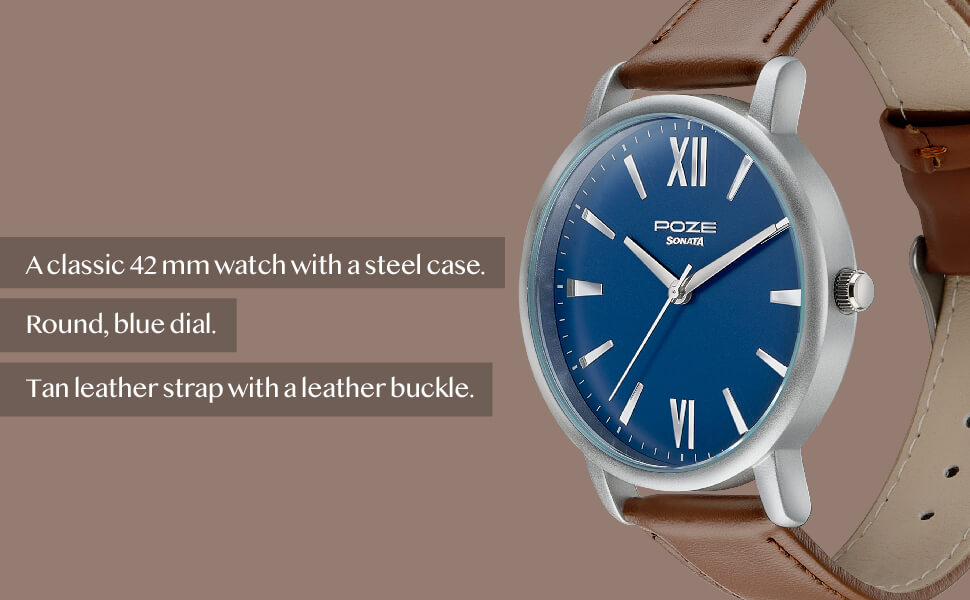 Buy Online Sonata Poze Quartz Analog Blue Dial Brown Leather Strap ...