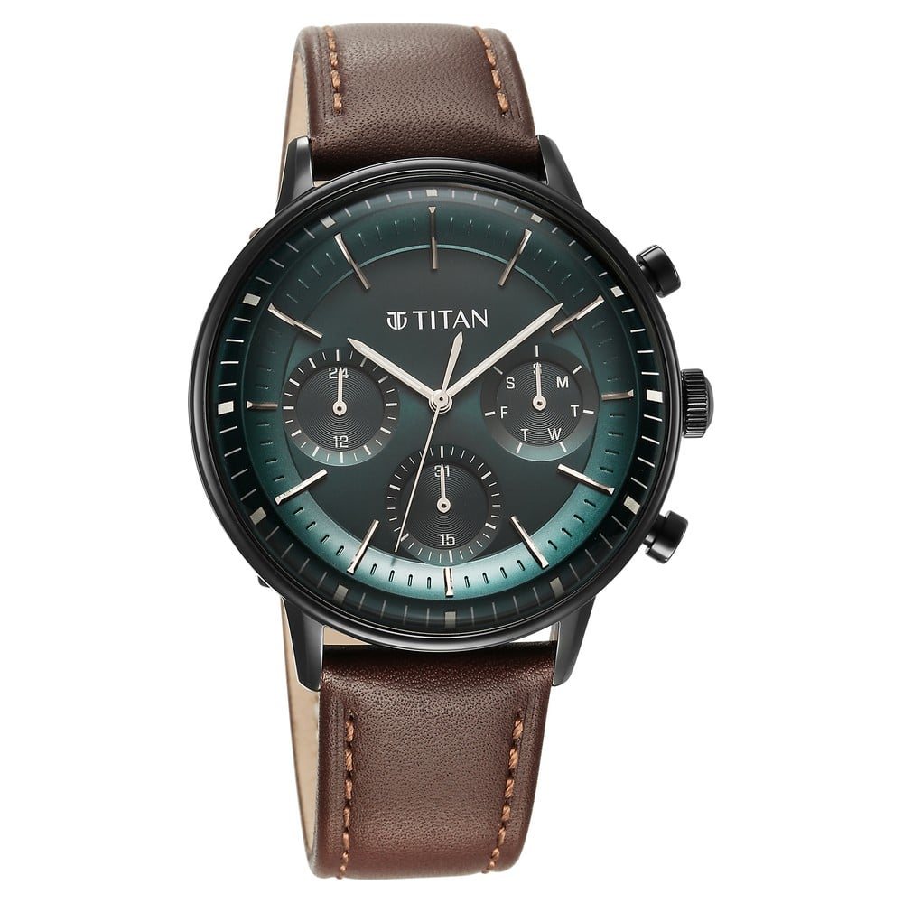 Buy Online Titan Light Leathers Quartz Multifunction Black Dial Leather ...