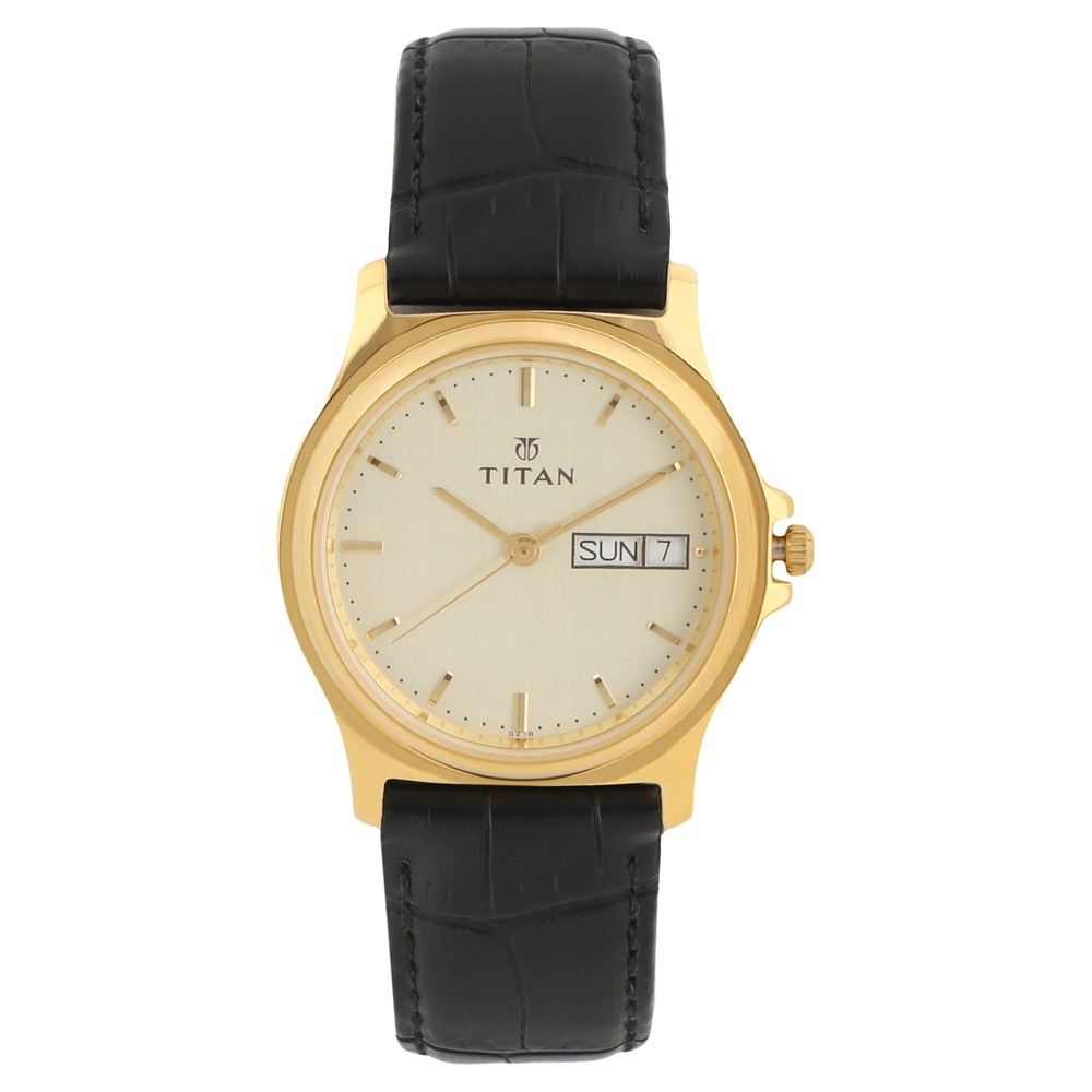 Buy Online Titan Quartz Analog with Day and Date Champagne Dial Leather ...