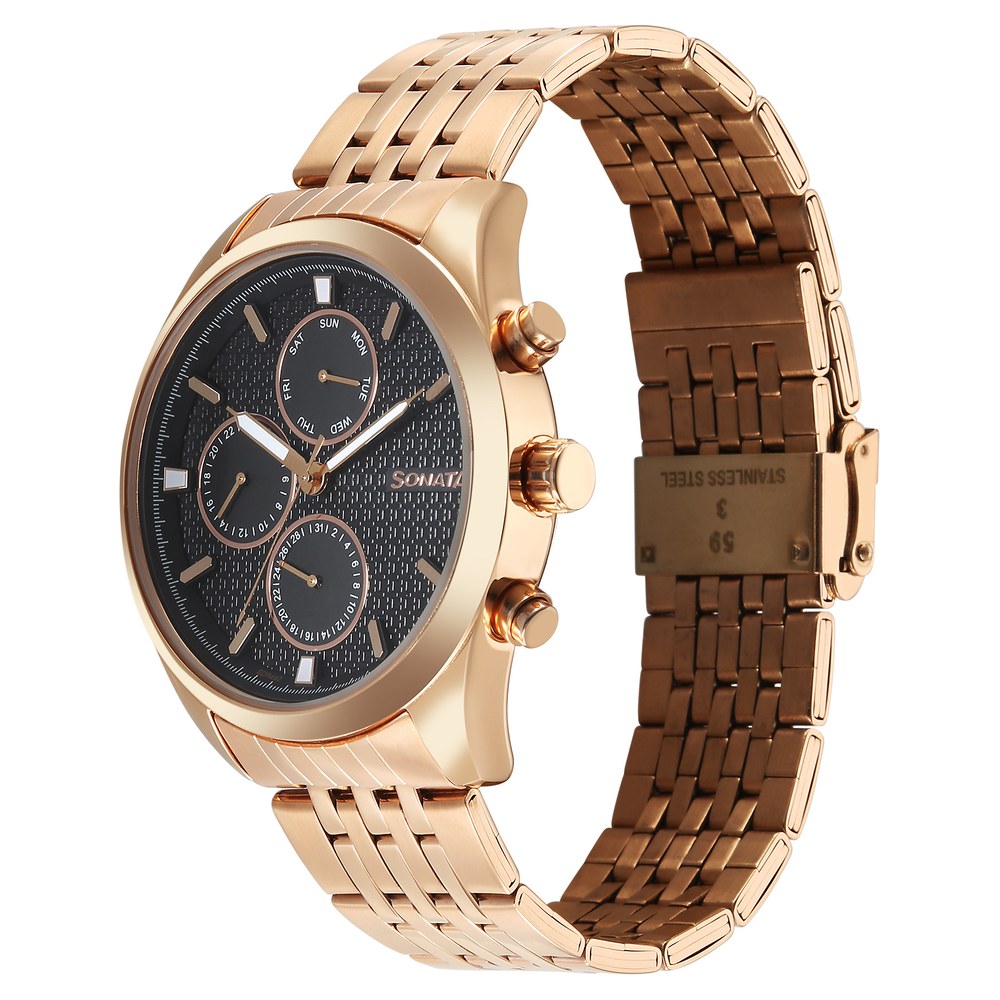 Buy Online Sonata Magna Quartz Multifunction Black Dial Rose Gold ...