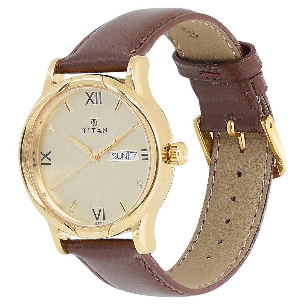 Buy Online Titan Champagne Dial Analog with Day and Date Leather Strap ...