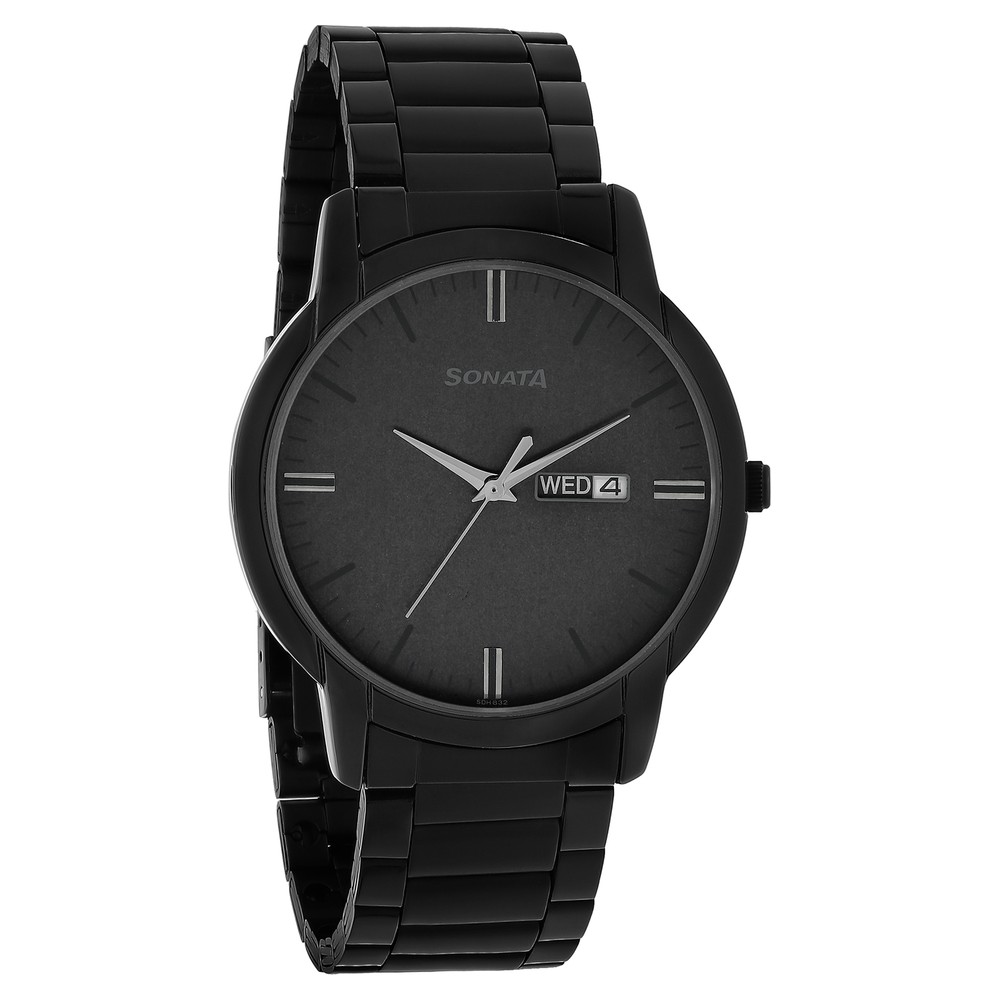 Buy Online Sonata Quartz Analog with Day and Date Black Dial Stainless ...