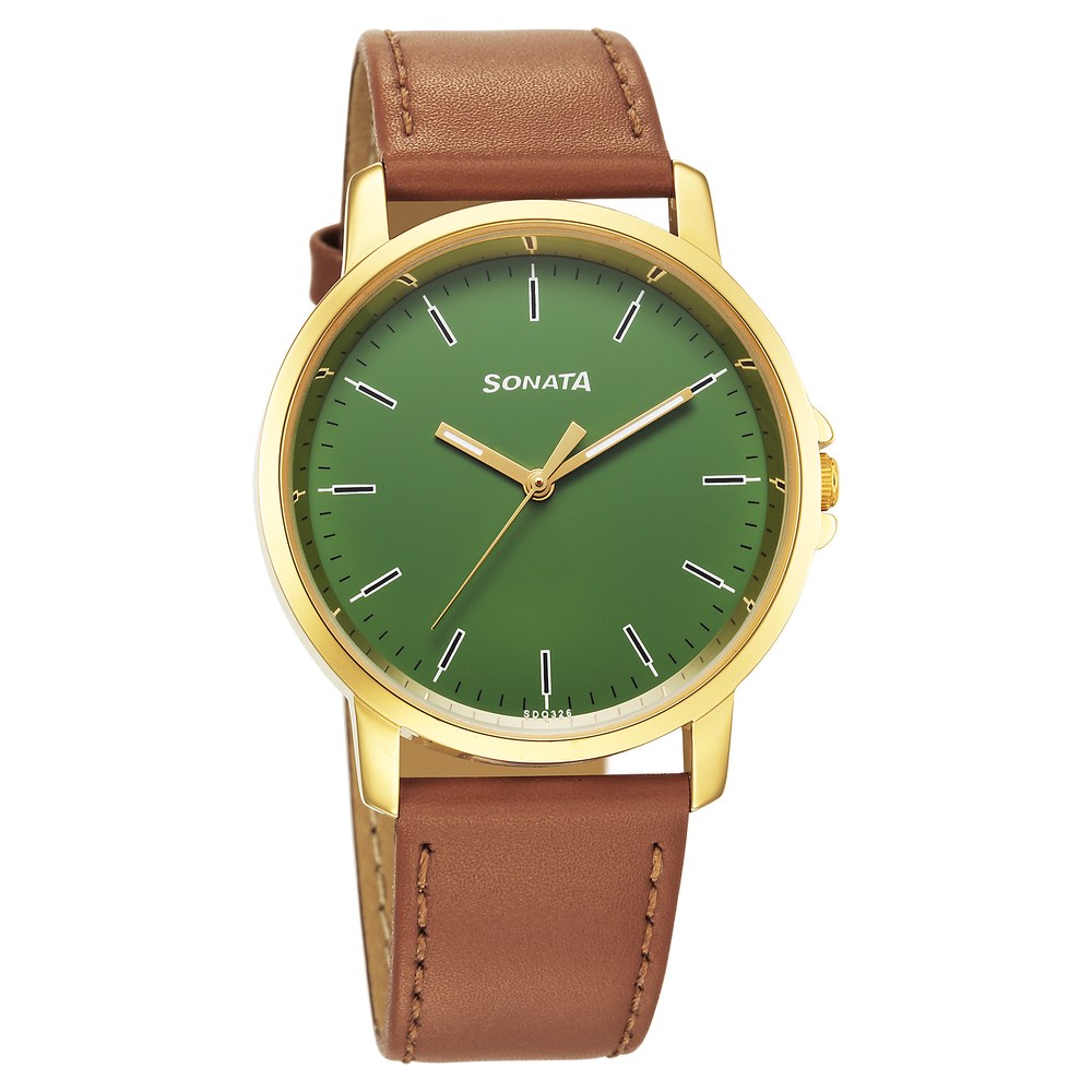 Buy Online Sonata Traditional Essentials Quartz Analog Green Dial Leather Strap Watch for Men ...