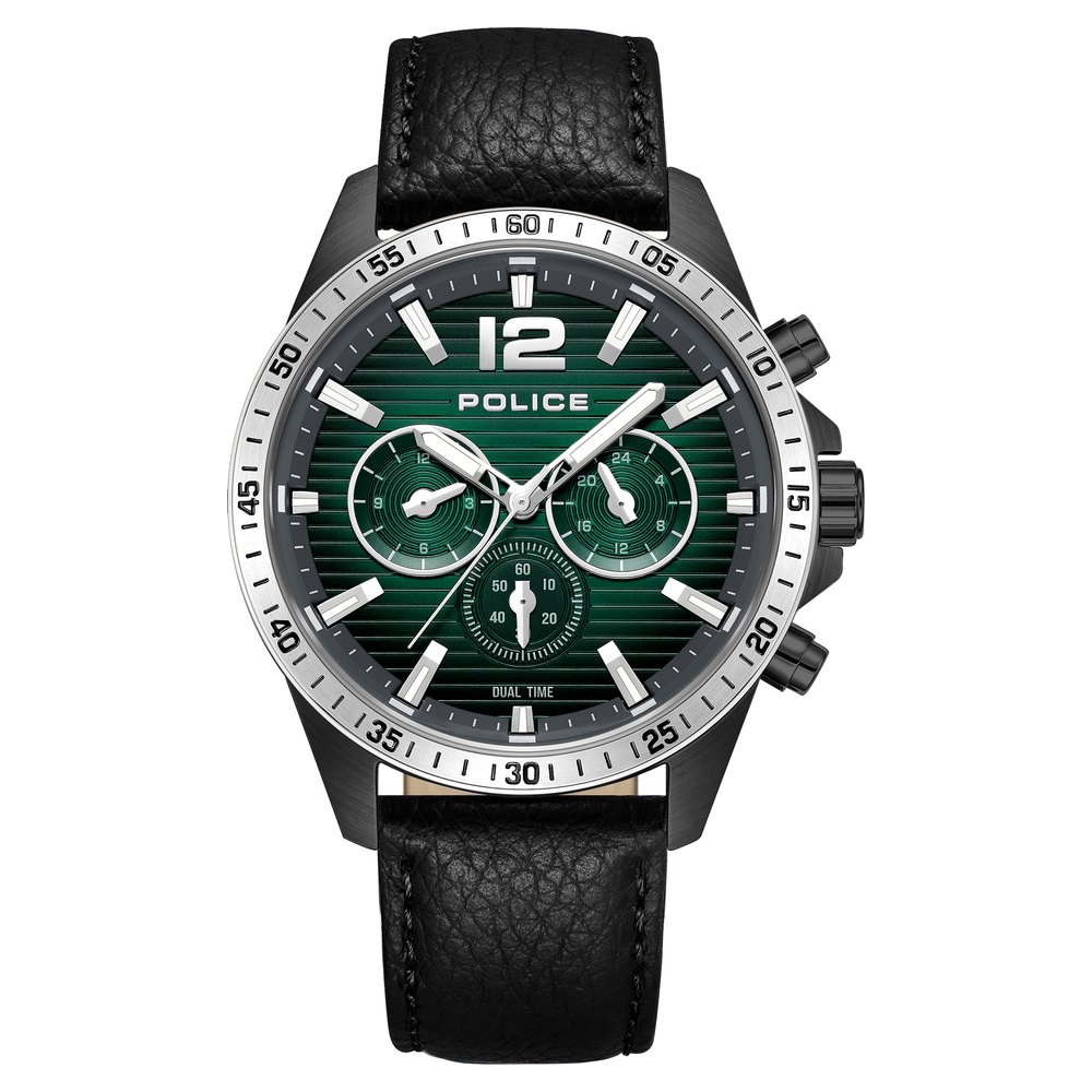 Buy Online Police Quartz Multifunction Green Dial Black Leather Strap ...