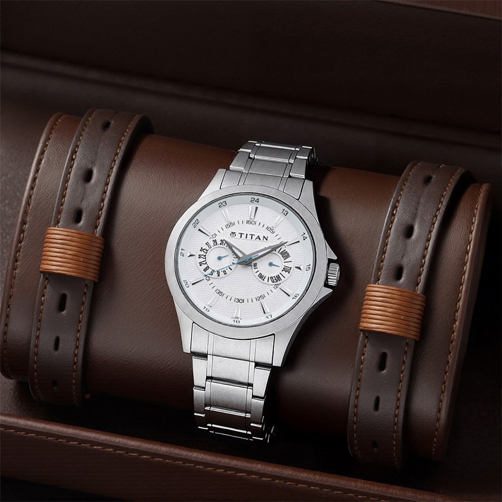 Buy Online Titan Quartz Multifunction Silver Dial Stainless Steel Strap ...