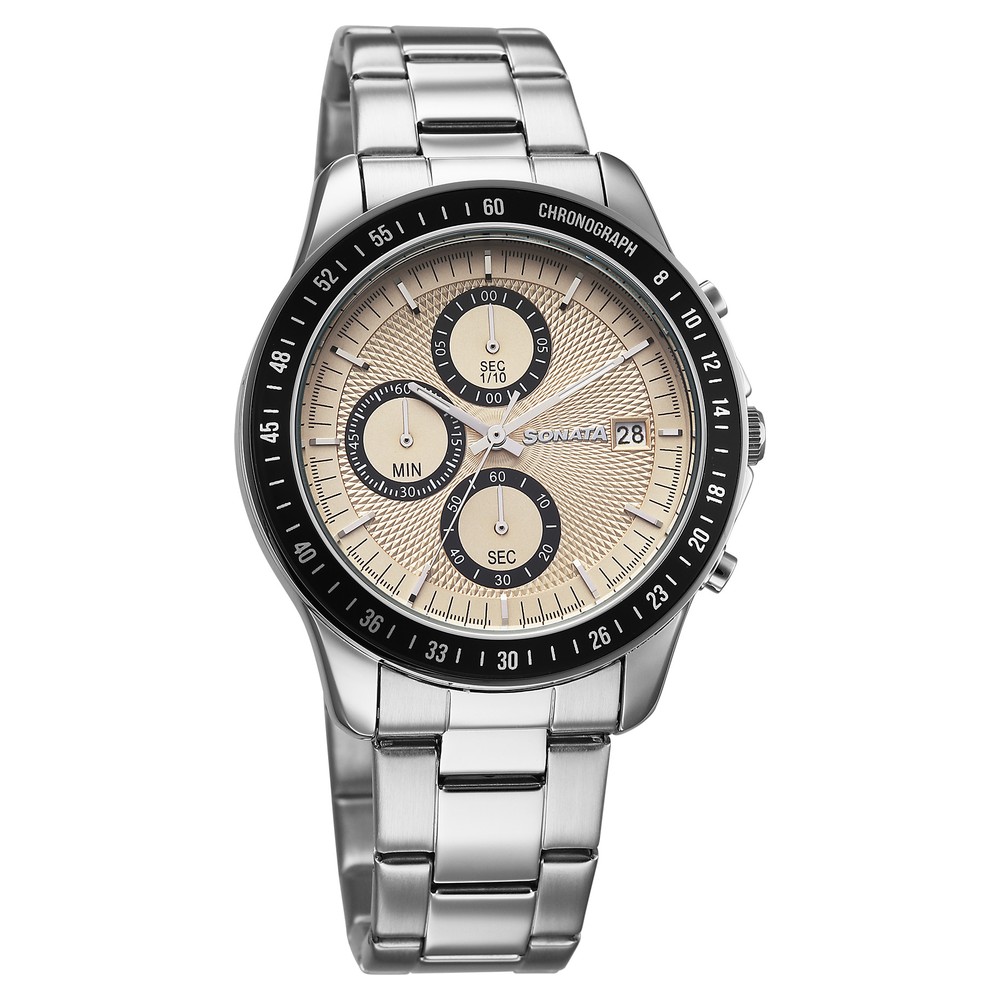 Buy Online Sonata Chronos Quartz Analog with Date Champagne Dial Silver ...