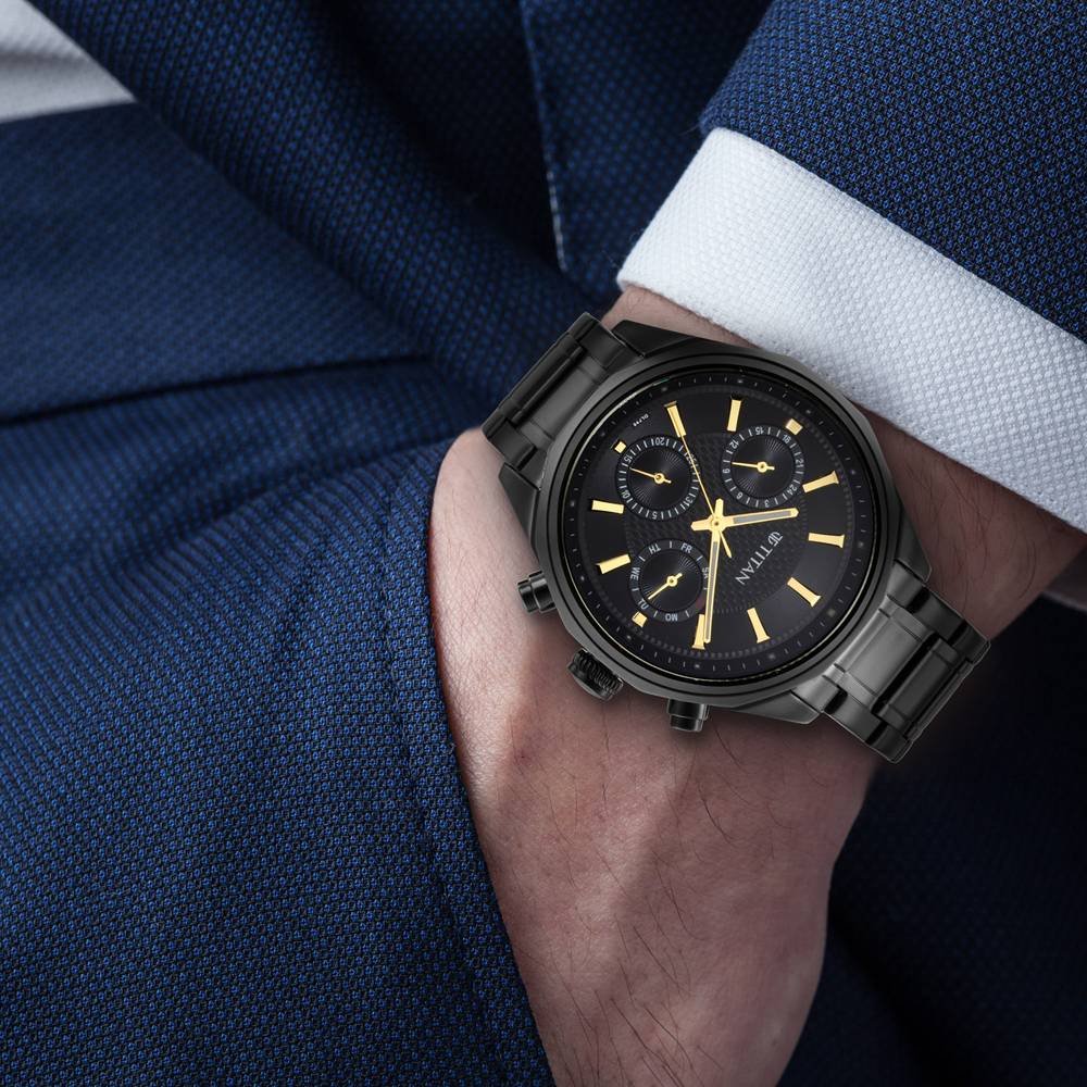 Buy Online Titan Quartz Multifunction Black Dial Stainless Steel Strap ...