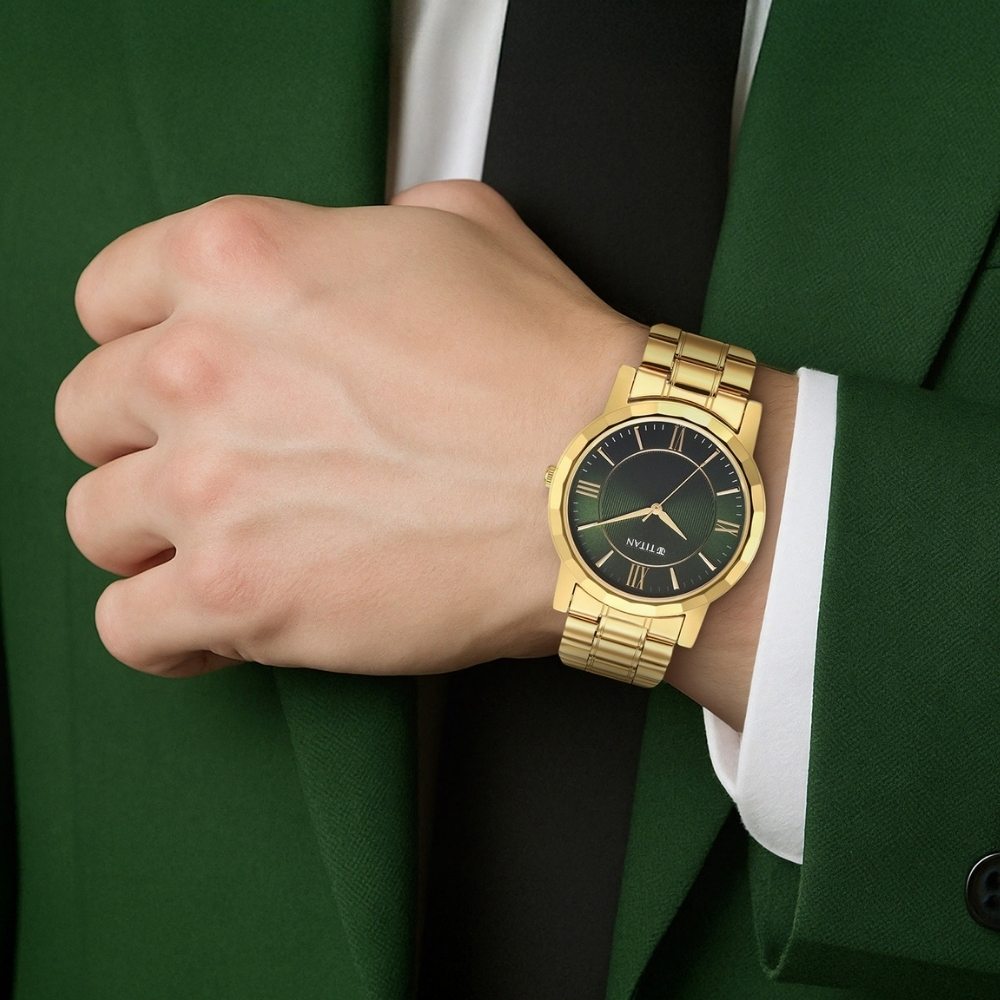 Buy Online Titan Karishma Zing Quartz Analog Green Dial Golden ...