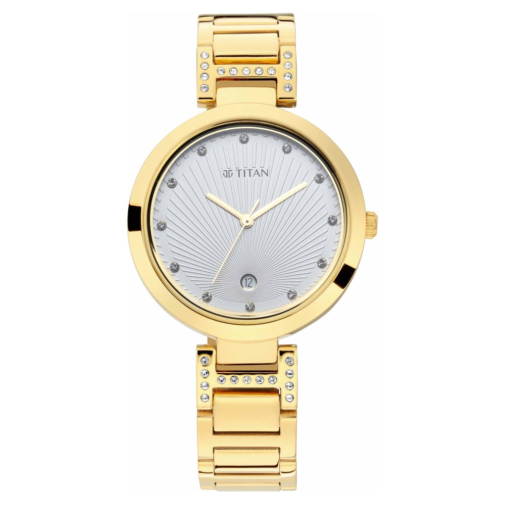 Buy Online Titan Sparkle Yellow Dial Analog with Date Metal Strap Watch ...