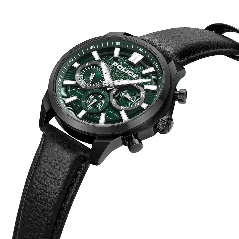 Buy Online Police Quartz Multifunction Green Dial Black Leather Strap ...
