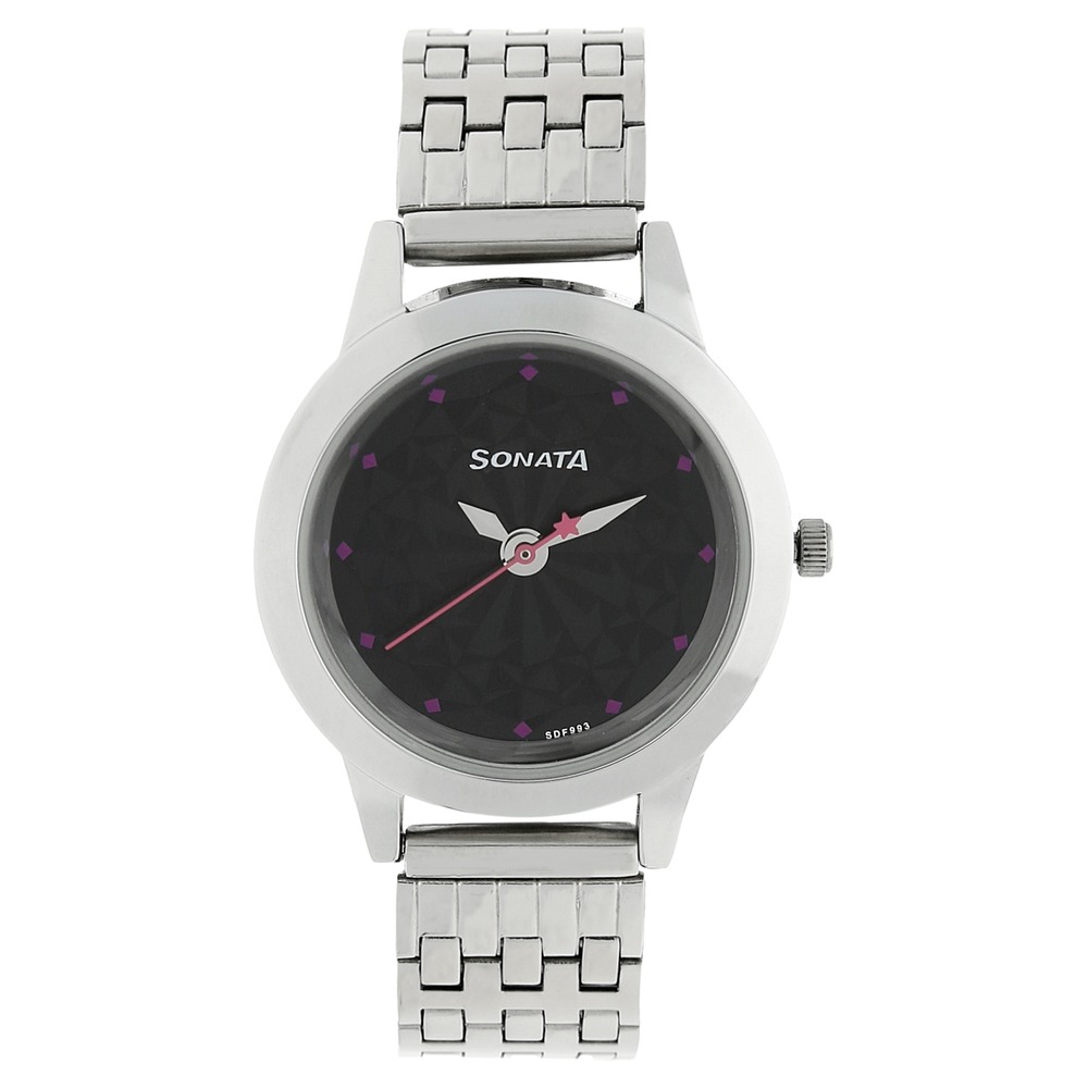 Buy Online Sonata Quartz Analog Black Dial Stainless Steel Strap Watch ...