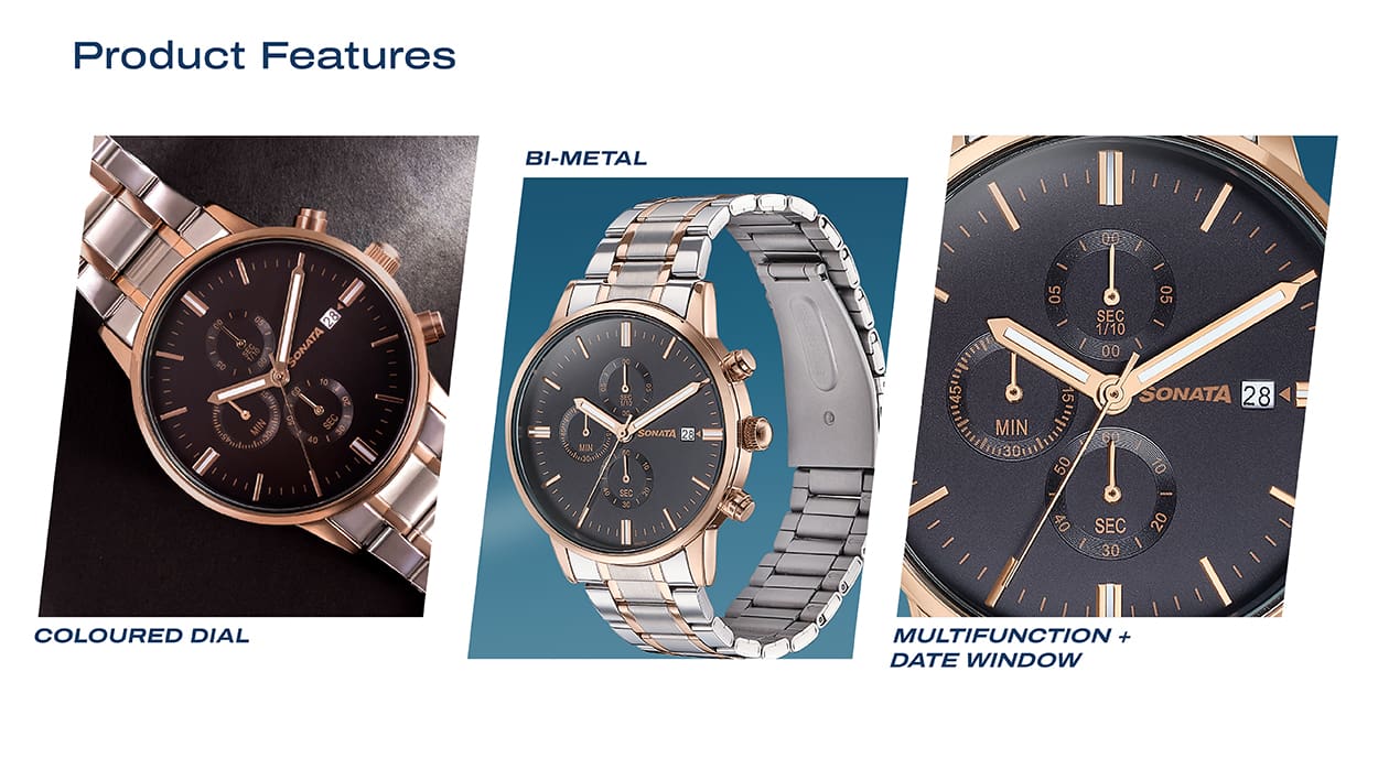 Buy Online Sonata Quartz Multifunction Black Dial Two Toned Stainless ...