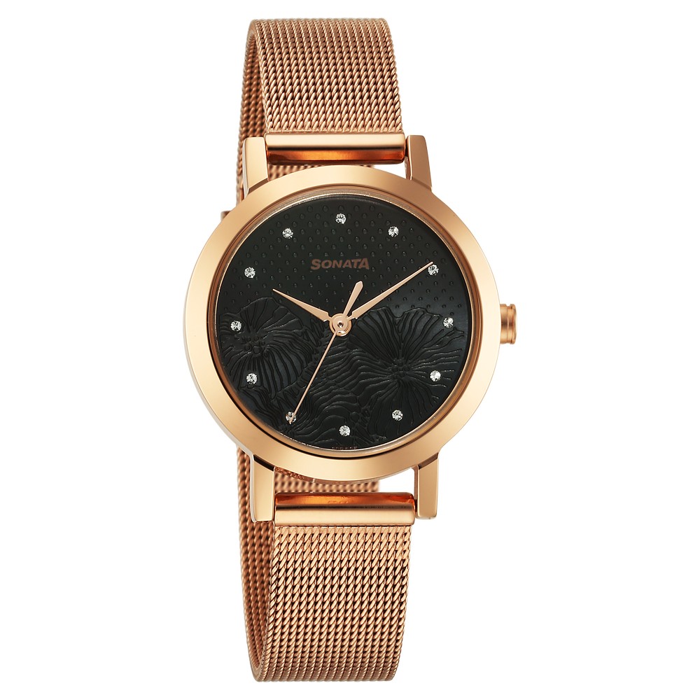 Buy Online Sonata Quartz Analog Black Stainless Steel Strap for Women ...