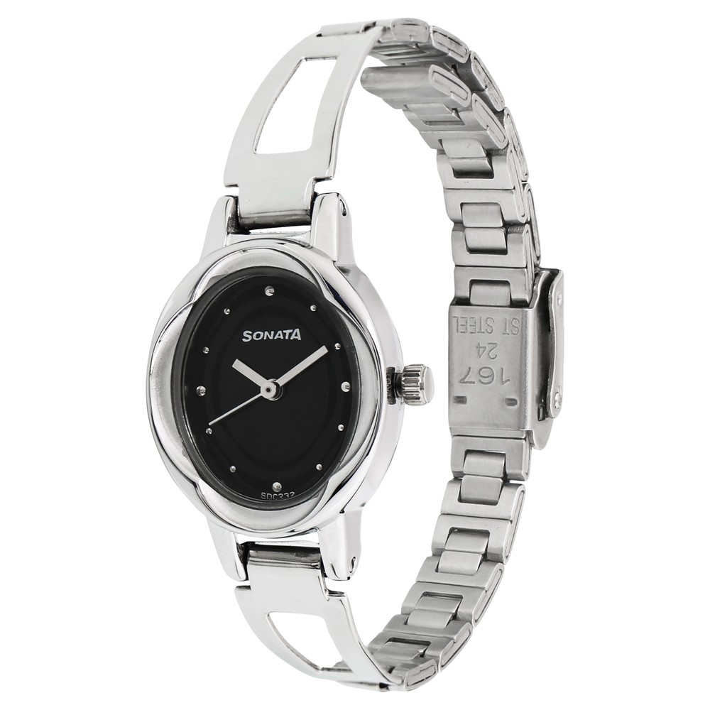 Buy Online Sonata Quartz Analog Black Dial Stainless Steel Strap Watch ...