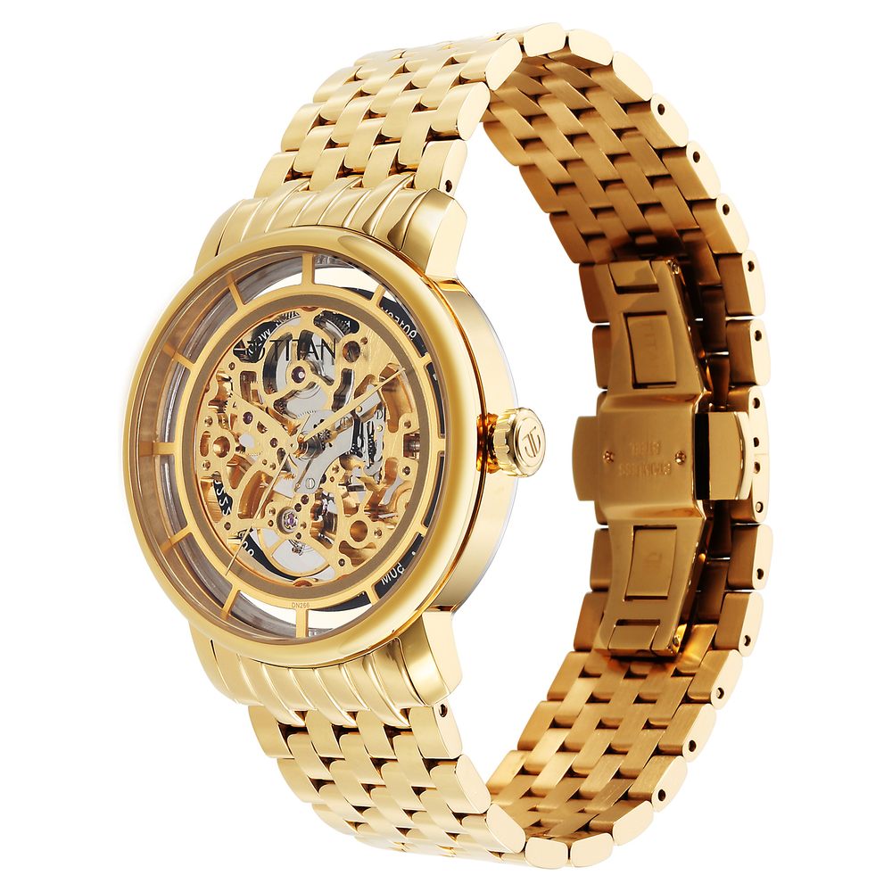 Buy Online Titan Mechanical Slimline Golden Dial Golden Stainless Steel ...