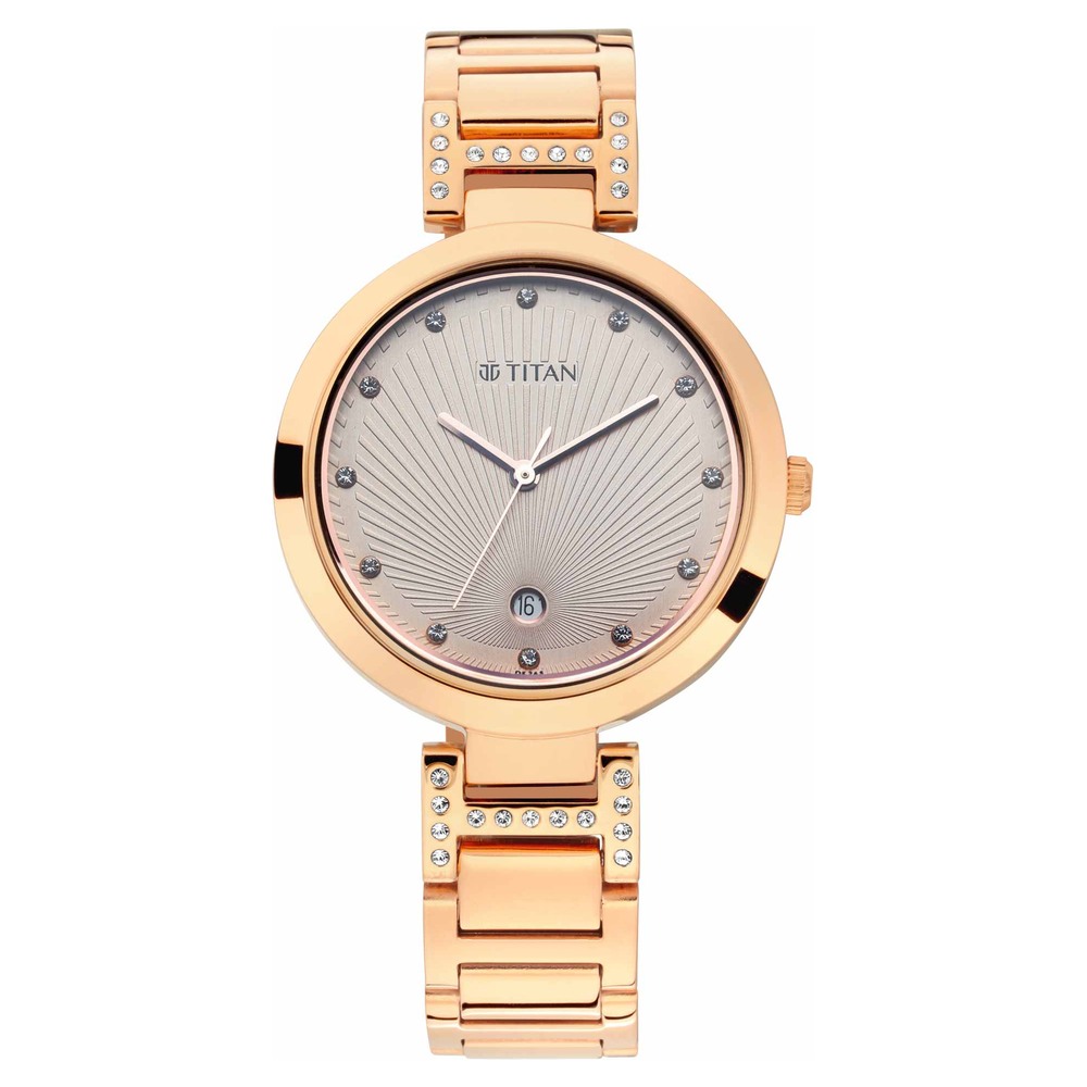Buy Online Titan Sparkle Rose Gold Dial Analog with Date Metal Strap ...