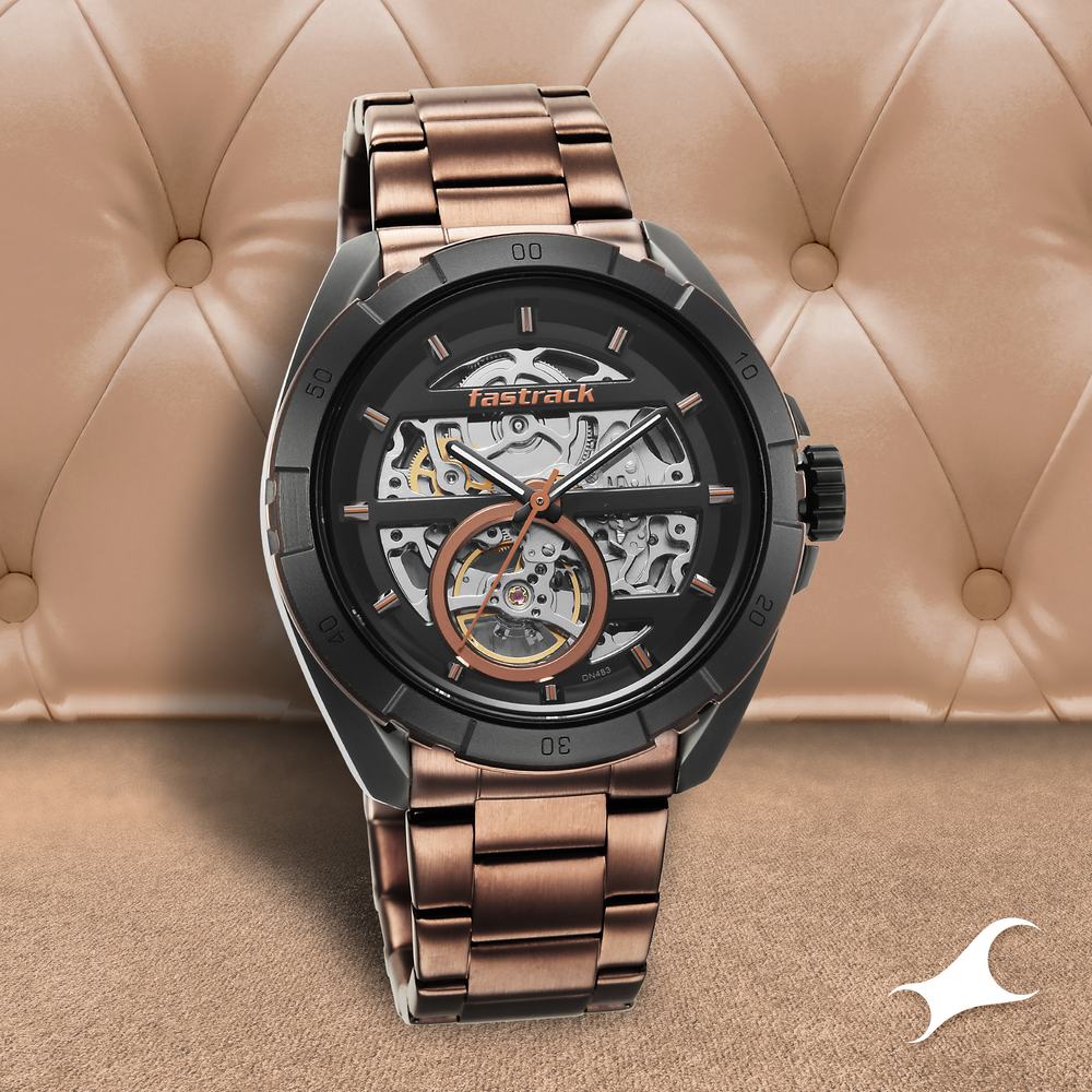 Buy Online Fastrack Automatics Black Dial Brown Stainless Steel Strap ...