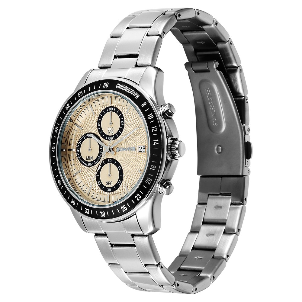 Buy Online Sonata Chronos Quartz Analog with Date Champagne Dial Silver ...
