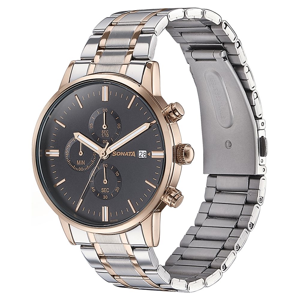 Buy Online Sonata Quartz Multifunction Black Dial Two Toned Stainless ...