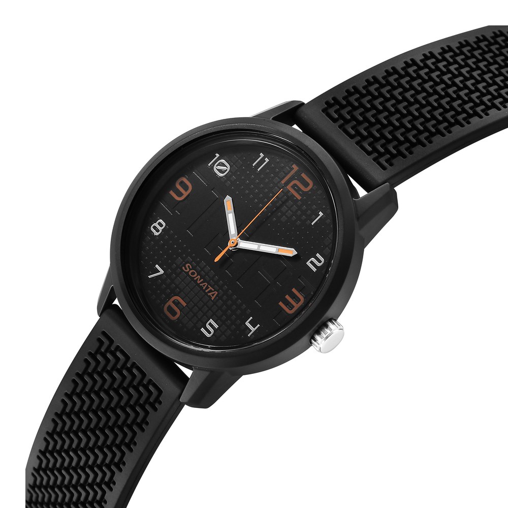 Buy Online Sonata Volt Quartz Analog Black Dial Polyurethane Strap ...