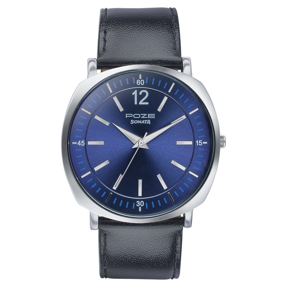 Buy Online Sonata Poze Quartz Analog Blue Dial Black Color Leather ...