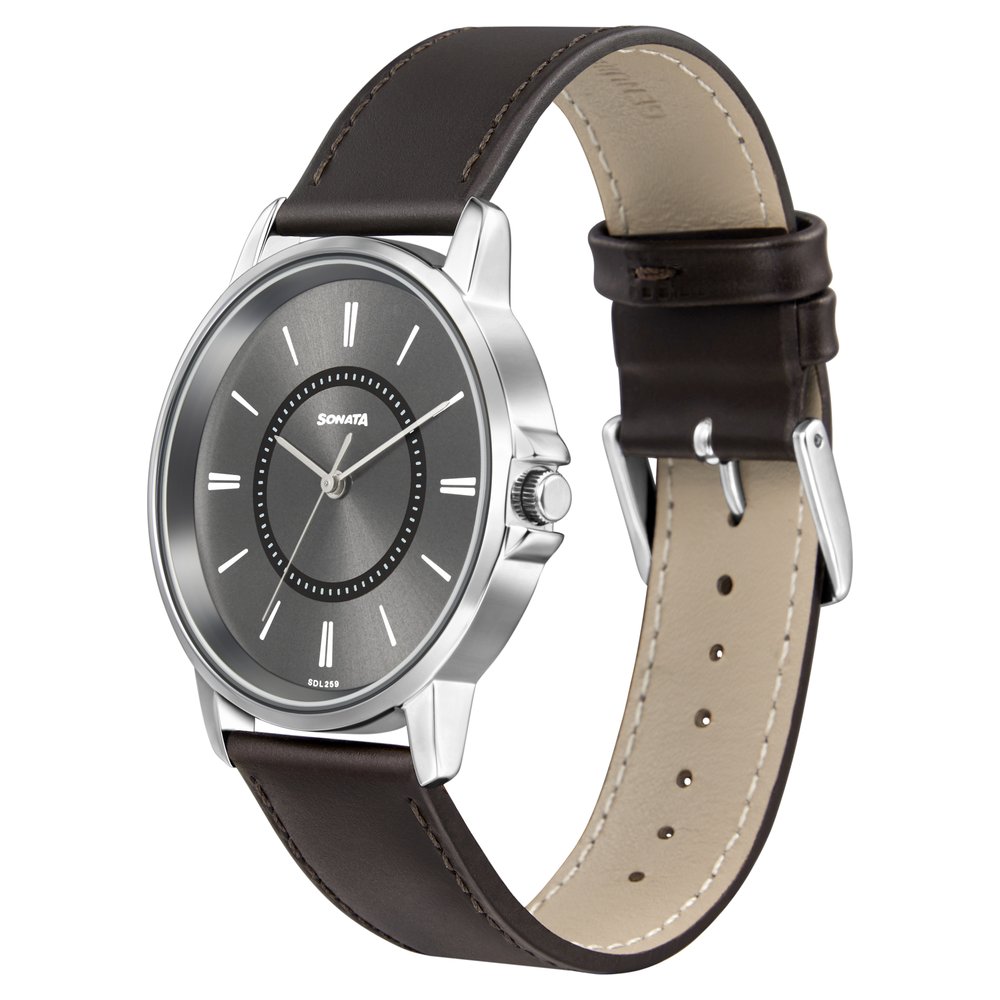 Buy Online Sonata Quartz Analog Grey Dial Leather Strap Watch for Men ...