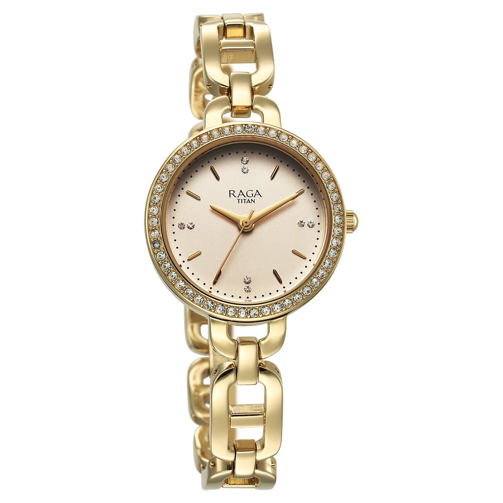 Buy Online Titan Raga Showstopper Quartz Analog Golden Dial Metal Strap ...