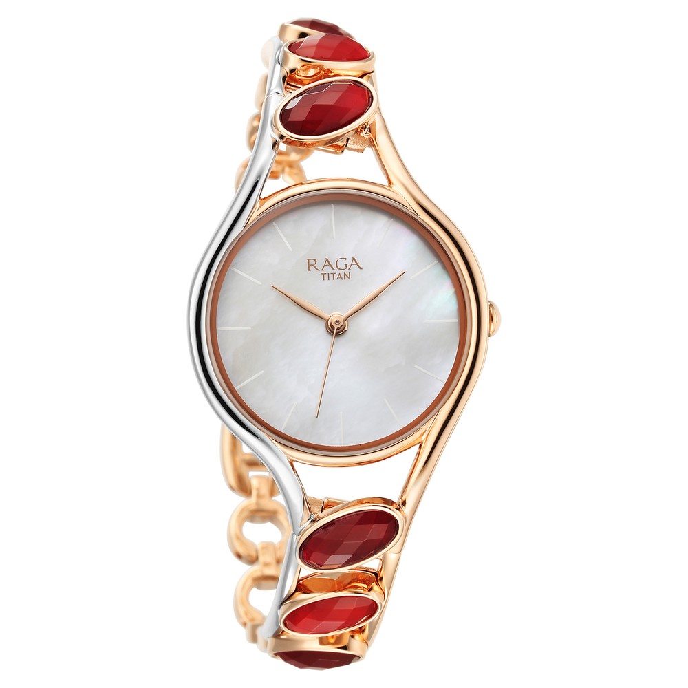 Buy Online Titan Raga New You Quartz Analog Mother Of Pearl Dial Garnet stone bi-metal Strap ...