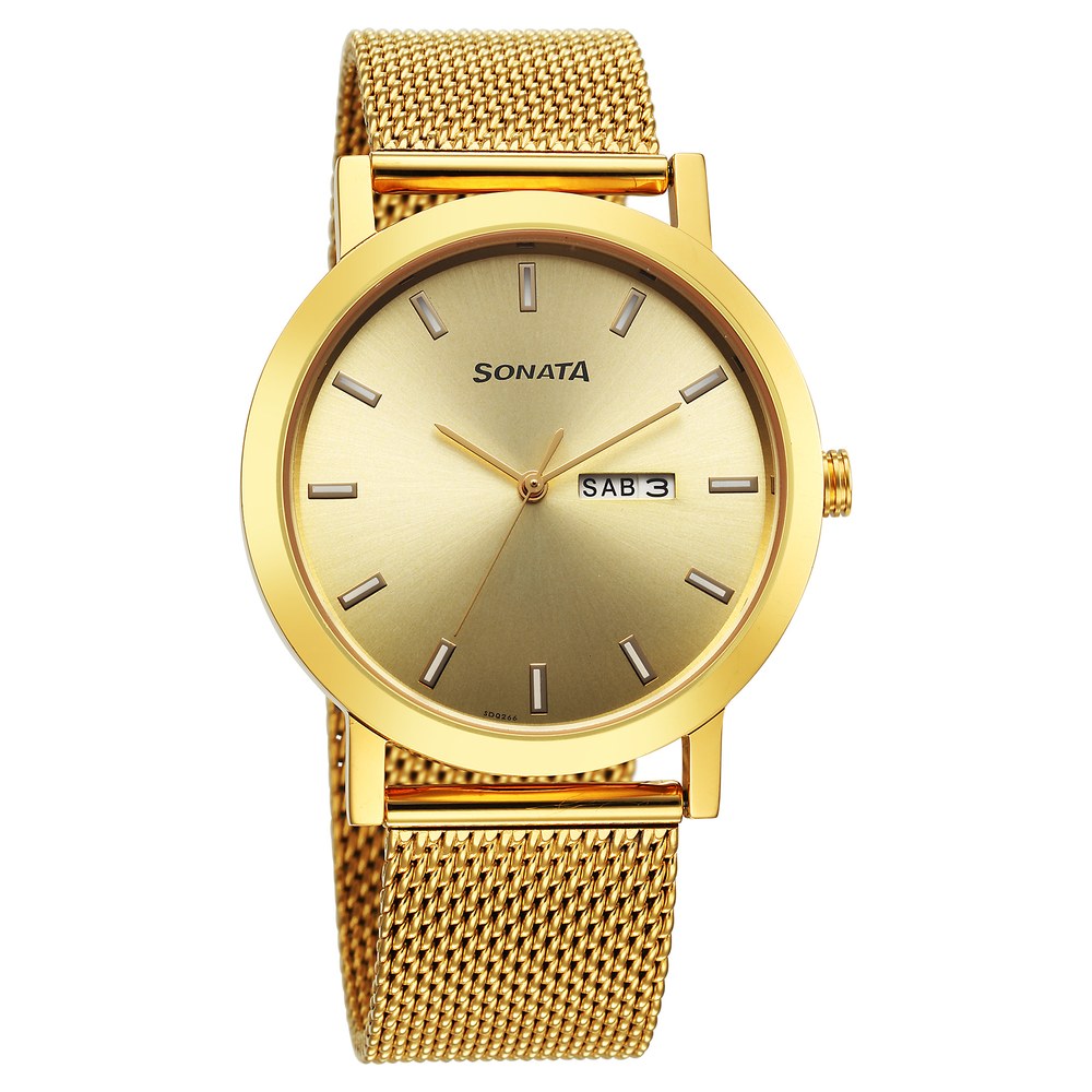 Buy Online Sonata Utsav Quartz Analog with Day and Date Champagne Dial Stainless Steel Strap ...