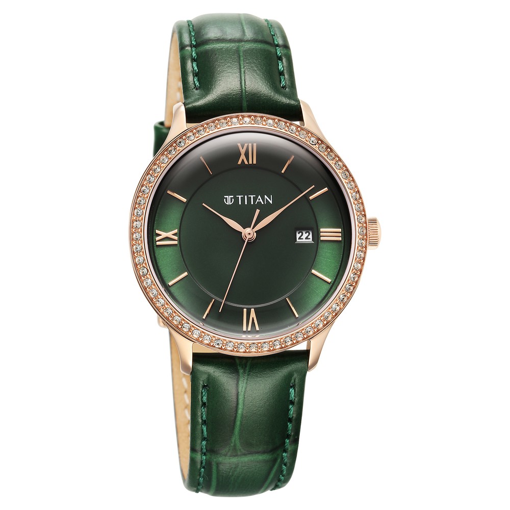 Buy Online Titan Bright Leathers Green Dial Analog with Date Leather ...